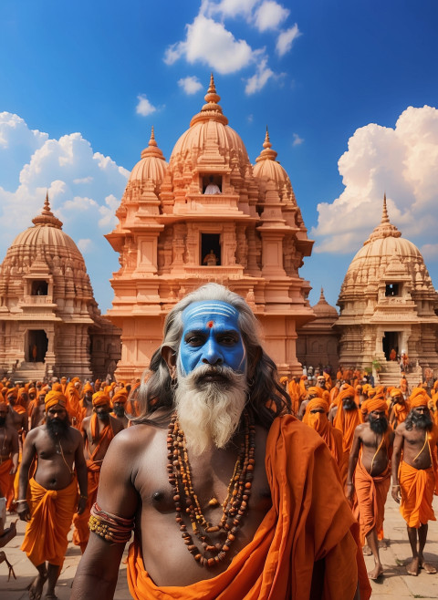 🔥Ayodhya Ram Mandir Background Blue Sky With Sadhu Image | PngBackground