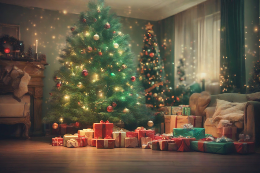 🔥Christmas Green Tree With light Ball And Gift Background in House ...